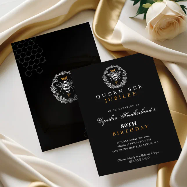 Elegant Queen Bee Jubilee Black & Gold Birthday Invitation | Zazzle