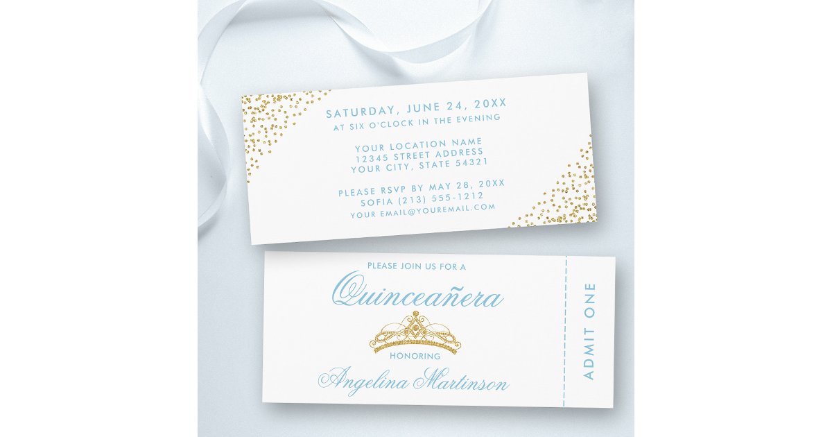 Elegant Quinceanera Blue and Gold Ticket Invitation | Zazzle
