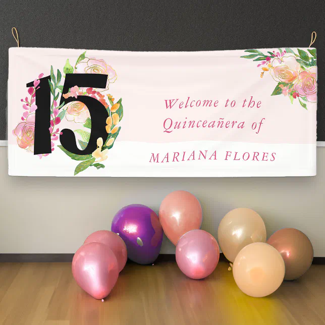 Elegant Quinceanera Blush Pink Floral Number 15 Banner | Zazzle