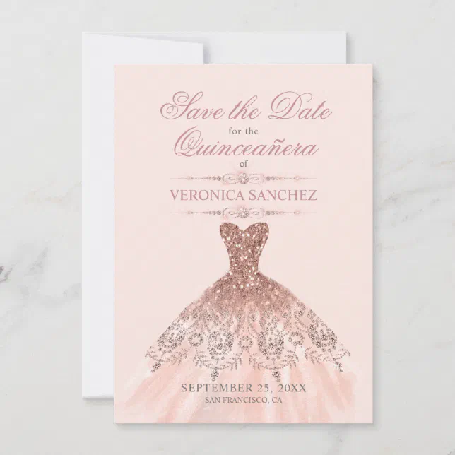 Elegant Quinceañera Blush Pink Rose Dress Save The Date | Zazzle