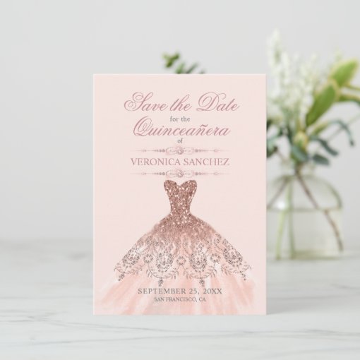 Elegant Quinceañera Blush Pink Rose Dress Save The Date | Zazzle