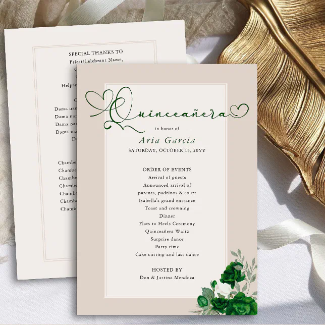 Elegant Quinceanera Emerald Green Roses Program | Zazzle