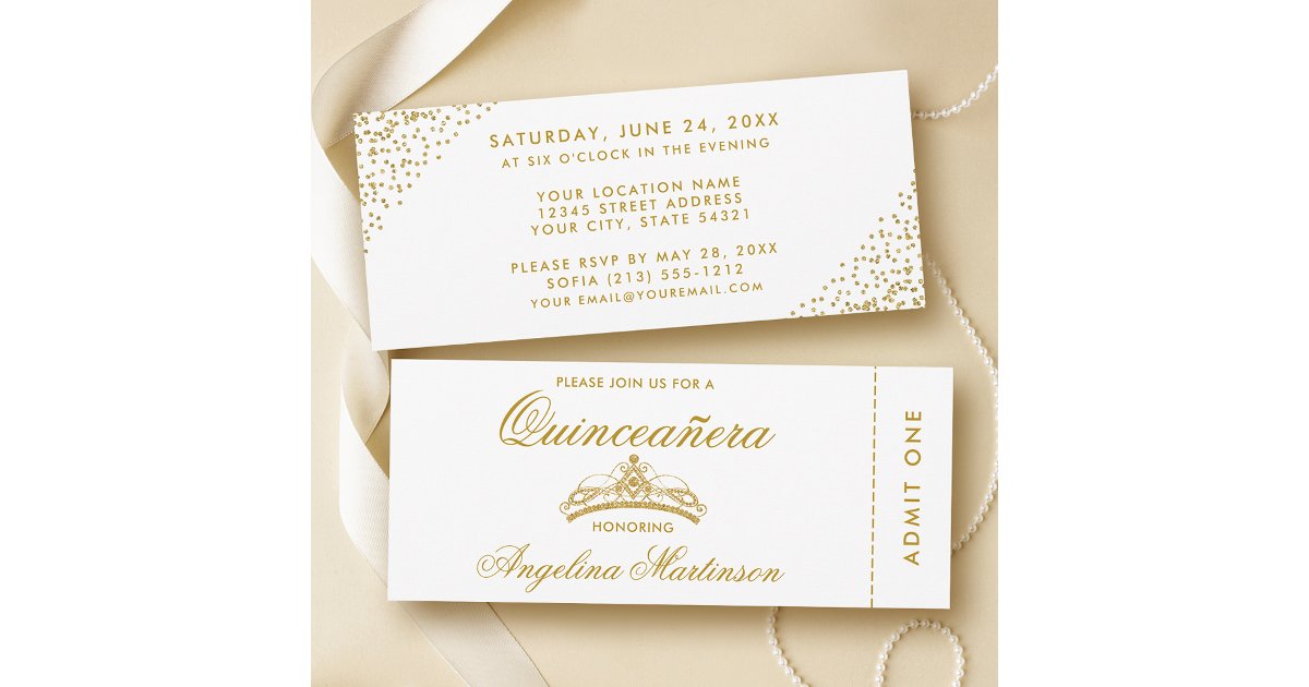 Elegant Quinceanera Gold and White Ticket Invitation | Zazzle