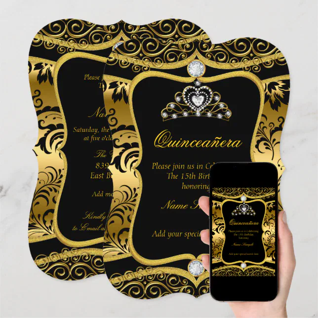 Elegant Quinceanera Gold Black Damask Tiara Invite | Zazzle