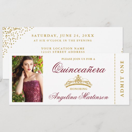 Elegant Quinceanera Photo Burgundy and Gold Ticket Invitation | Zazzle