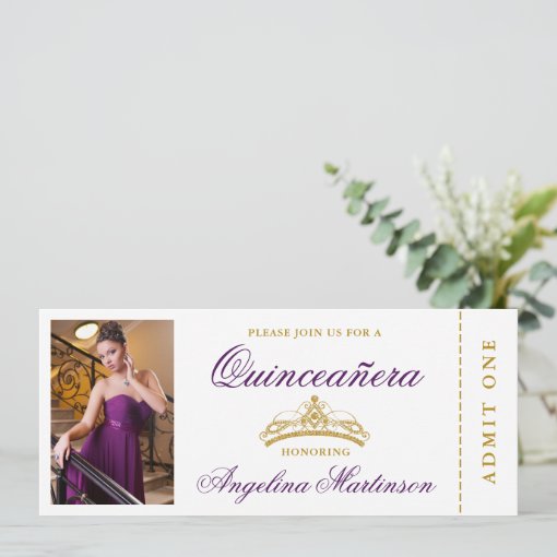 Elegant Quinceanera Photo Purple and Gold Ticket Invitation | Zazzle