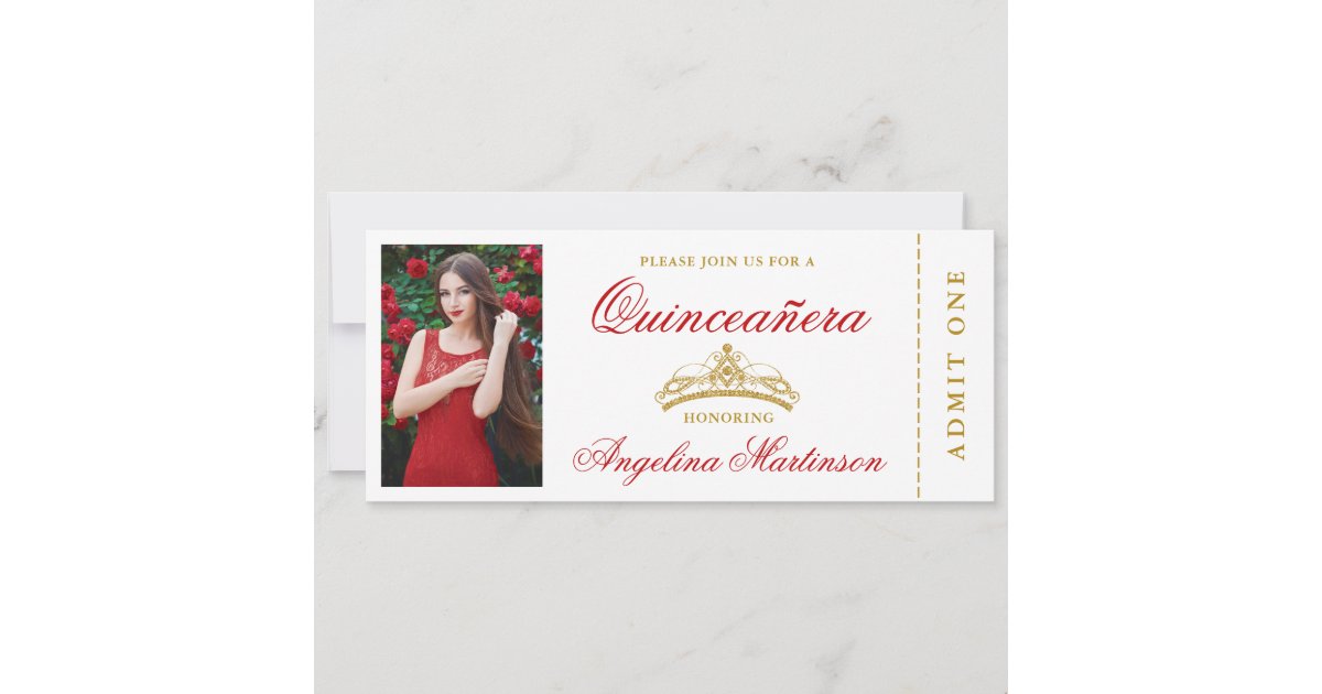 Elegant Quinceanera Photo Red and Gold Ticket Invitation | Zazzle