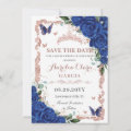 Elegant Quinceañera Royal Blue Floral Rose Gold Save The Date | Zazzle