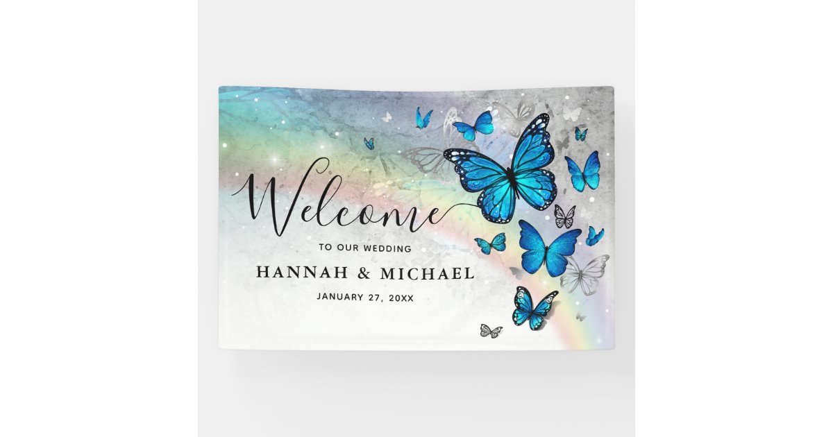 Elegant Rainbow Blue Butterfly Wedding Welcome Banner | Zazzle