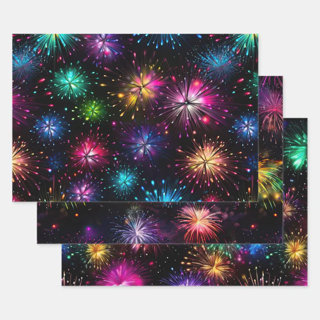 Elegant Rainbow Fireworks on Black Background Wrapping Paper Sheets ...