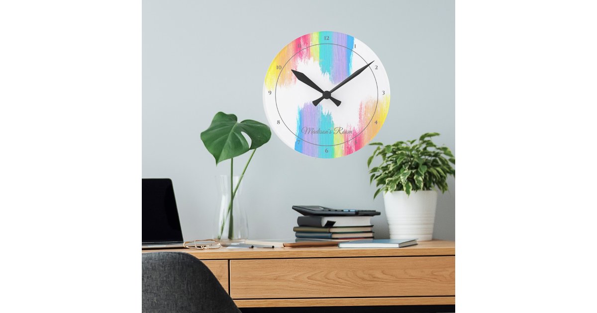 Elegant Rainbow Watercolor Personalized Girls Room Round Clock | Zazzle