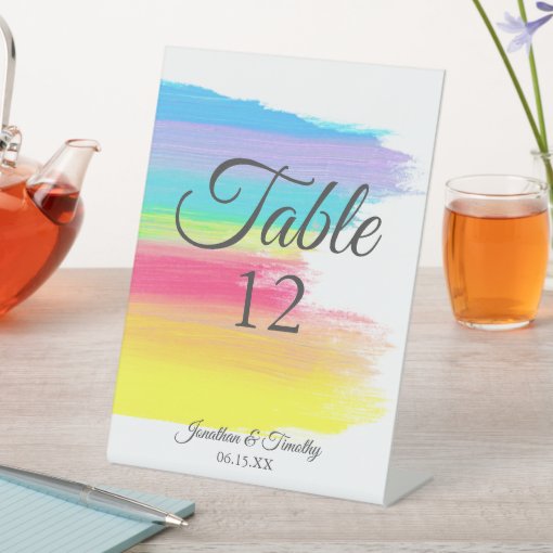 Elegant Rainbow Wedding Monogram Table Number Pedestal Sign | Zazzle