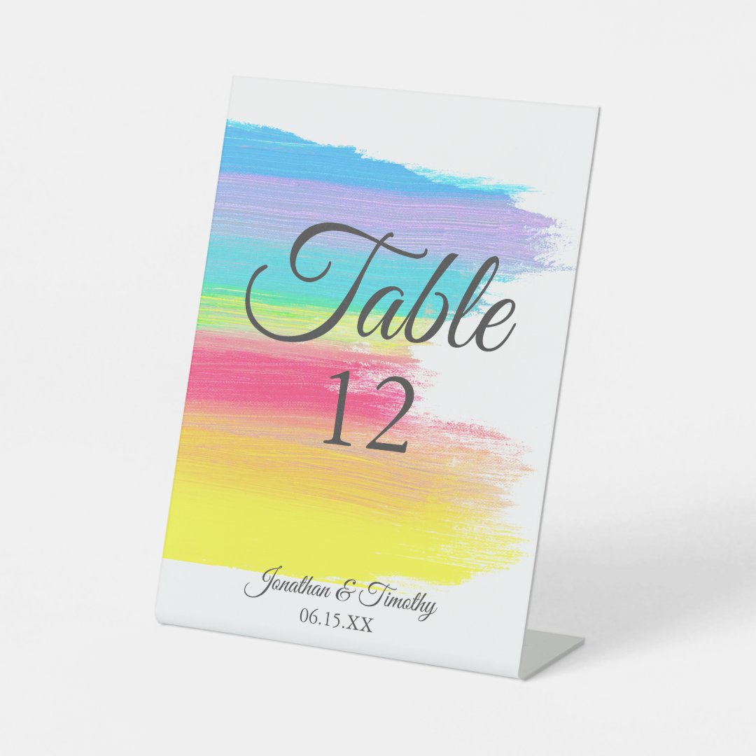 Elegant Rainbow Wedding Monogram Table Number Pedestal Sign | Zazzle