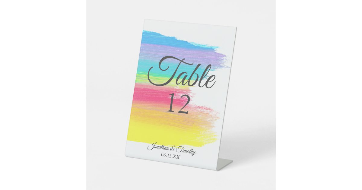 Elegant Rainbow Wedding Monogram Table Number Pedestal Sign | Zazzle