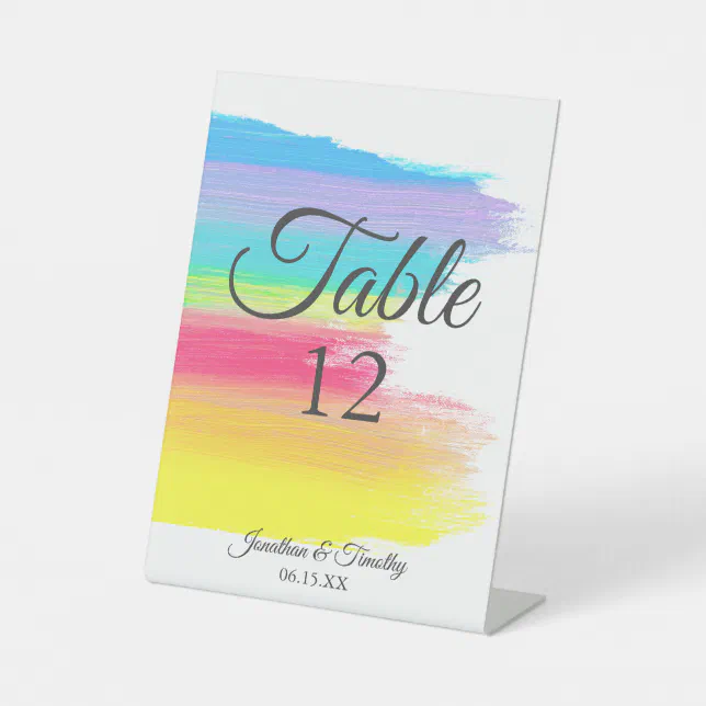 Elegant Rainbow Wedding Monogram Table Number Pedestal Sign | Zazzle