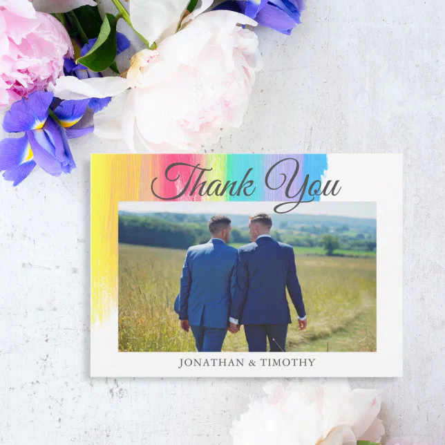 Elegant Rainbow Wedding Photo LGBTQ Couple Thank You Card | Zazzle