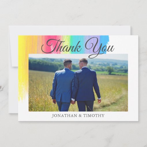 Elegant Rainbow Wedding Photo LGBTQ Couple Thank You Card | Zazzle