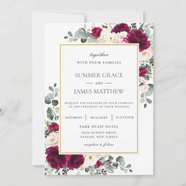 Elegant Raspberry Blush Pink Ivory Floral Wedding Invitation | Zazzle