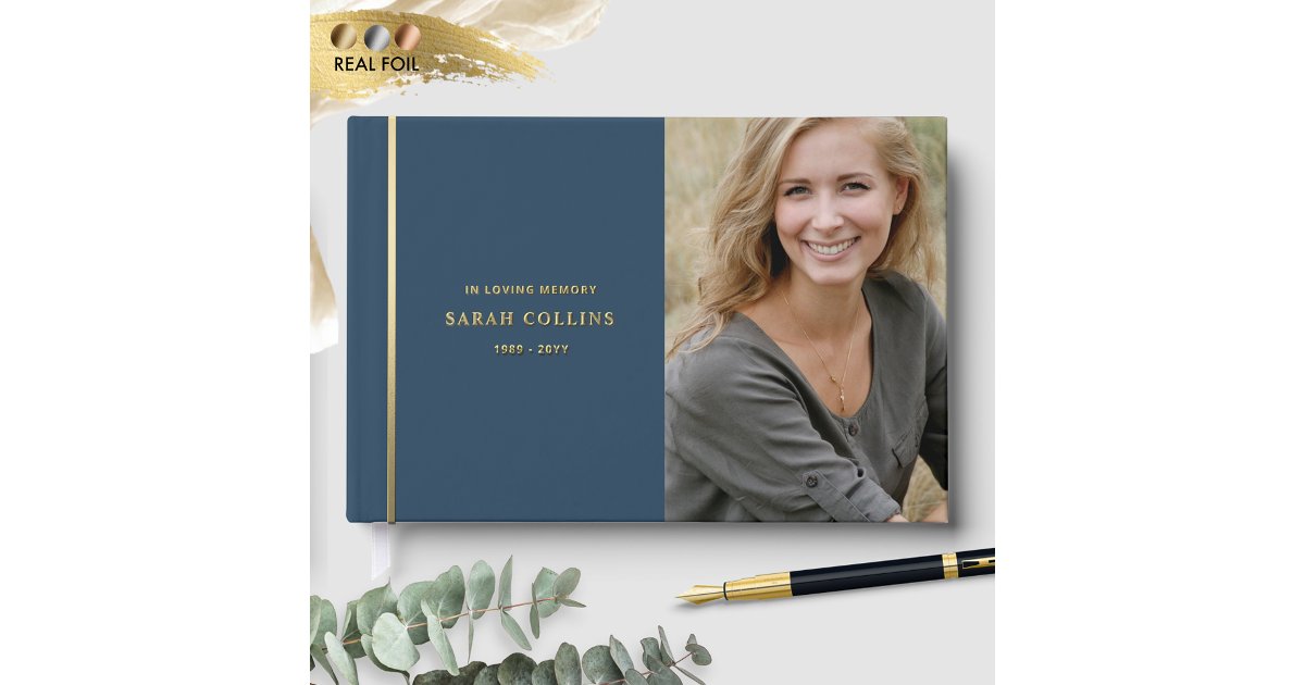 Elegant Real Foil, In Loving Memory Blue Funeral Foil Guest Book | Zazzle