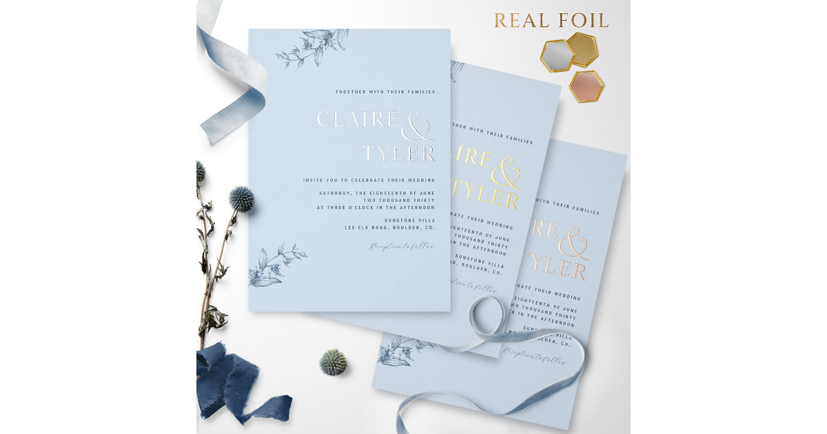 Elegant Real Foil Modern Typography Blue Wedding Foil Invitation | Zazzle