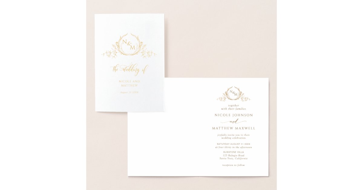 Elegant Real Gold Foil Monogram, Folded Wedding Fo Foil Card | Zazzle