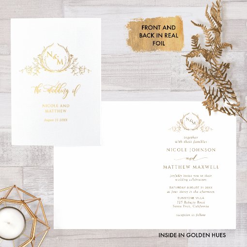 Elegant Real Gold Foil Monogram, Folded Wedding Fo Foil Card | Zazzle