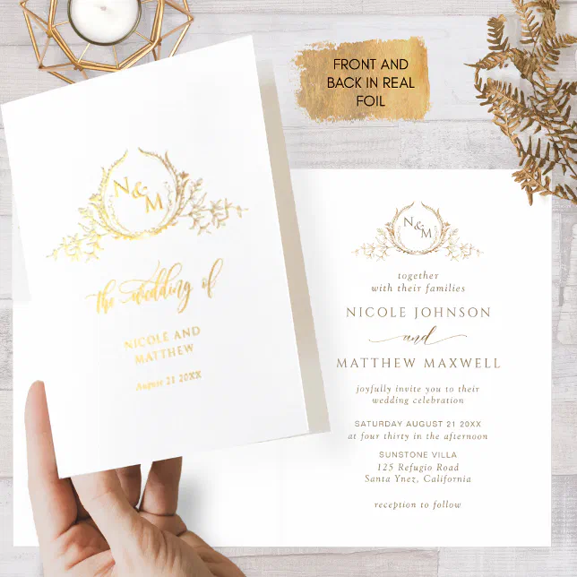 Elegant Real Gold Foil Monogram, Folded Wedding Fo Foil Card | Zazzle