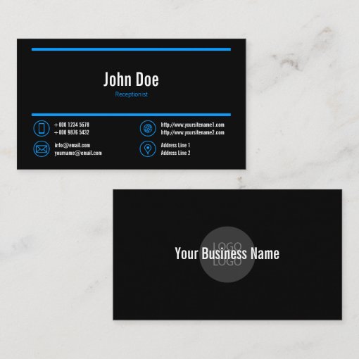 Elegant Receptionist Logo Blue Lines Icons Black Business Card | Zazzle
