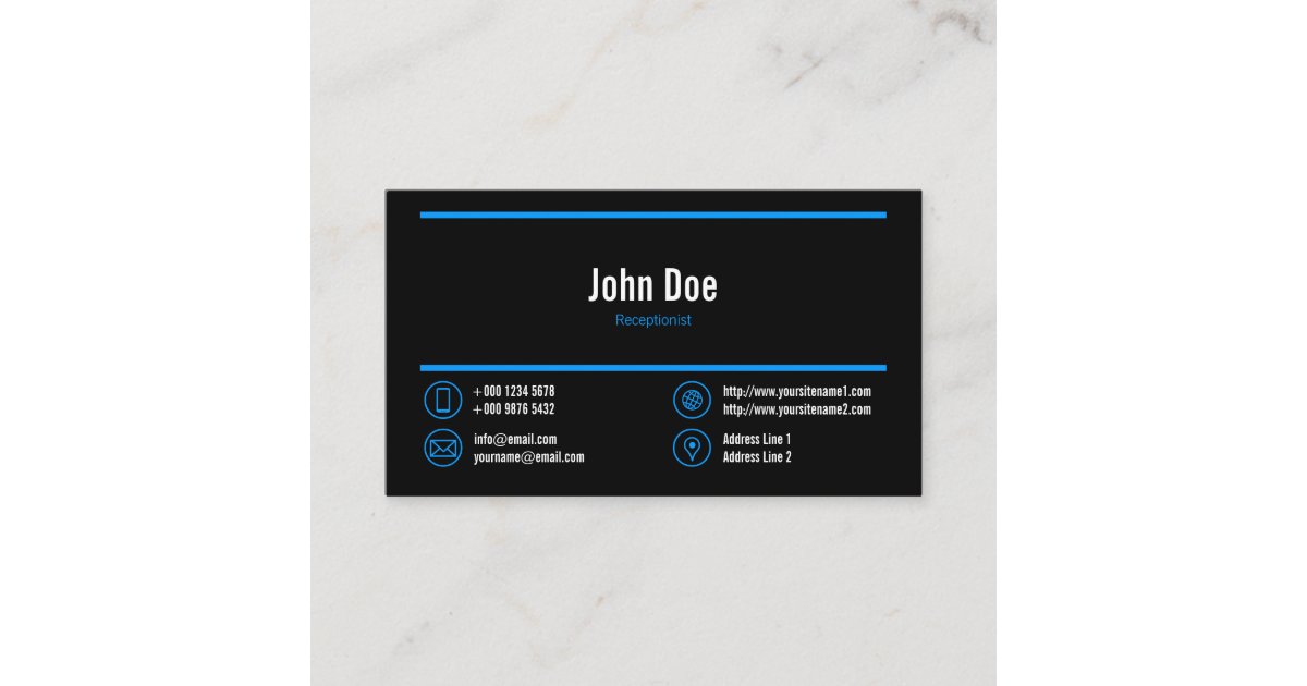 Elegant Receptionist Logo Blue Lines Icons Black Business Card | Zazzle