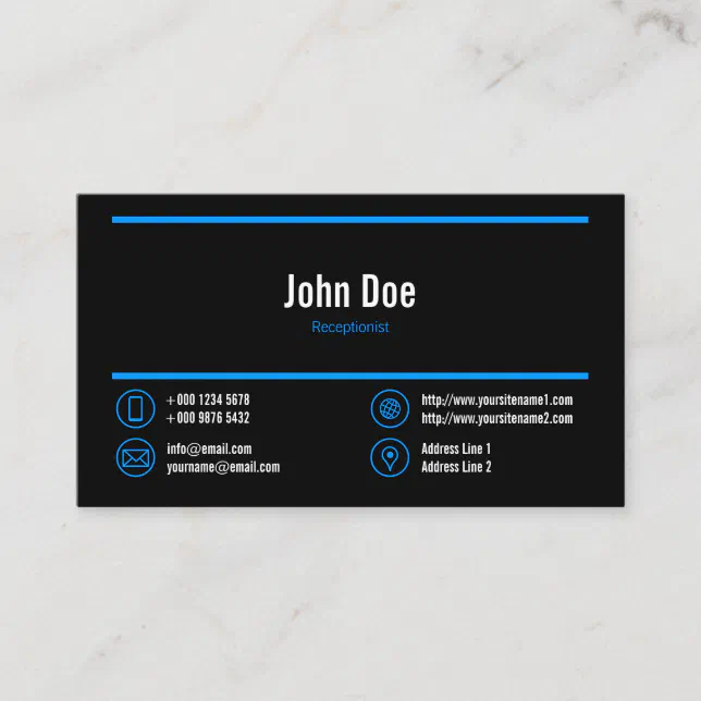Elegant Receptionist Logo Blue Lines Icons Black Business Card | Zazzle