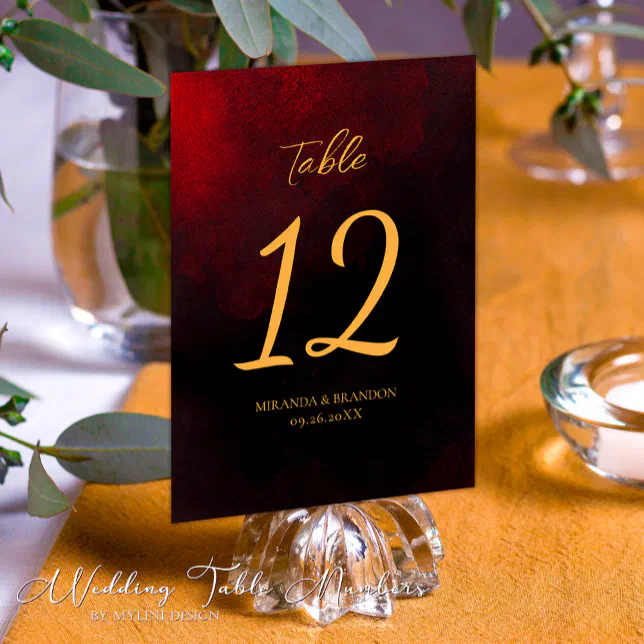 Elegant Red and Black Gold Calligraphy Wedding Table Number | Zazzle