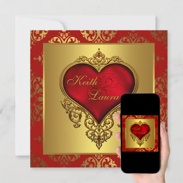 Elegant Red and Gold Heart Wedding Invitations | Zazzle