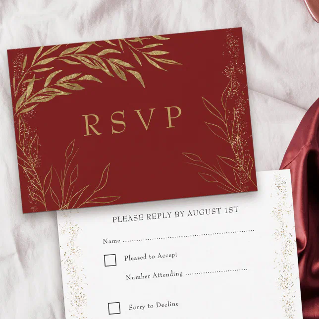 Elegant Red and Gold Leaf RSVP Card | Zazzle