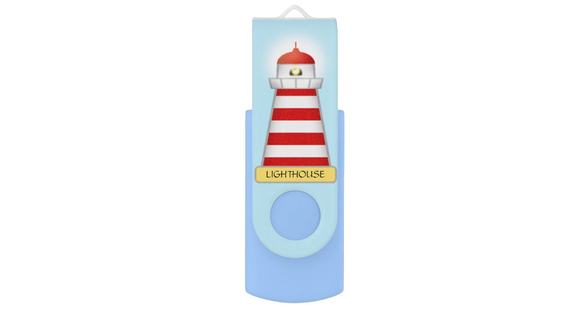 Elegant red and white lighthouse on light blue flash drive | Zazzle