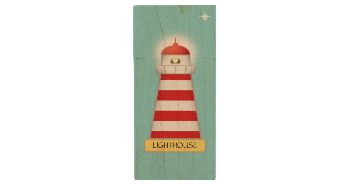 Elegant red and white lighthouse on light blue wood flash drive | Zazzle