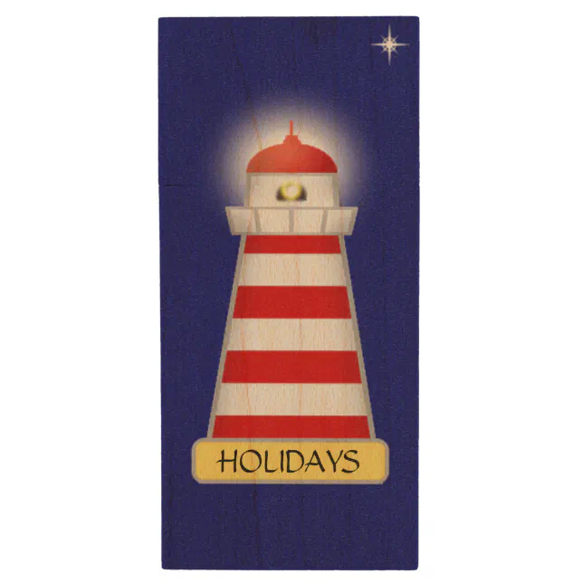 Elegant red and white lighthouse on navy blue wood flash drive | Zazzle