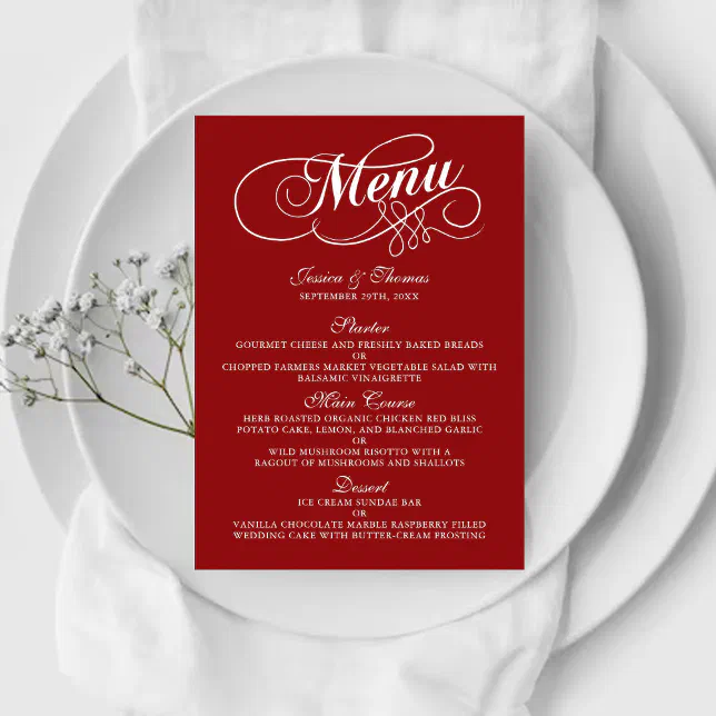 Elegant Red And White Wedding Menu Templates | Zazzle