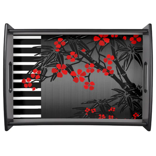 Elegant Red Black and White Asian Blossoms Serving Tray | Zazzle