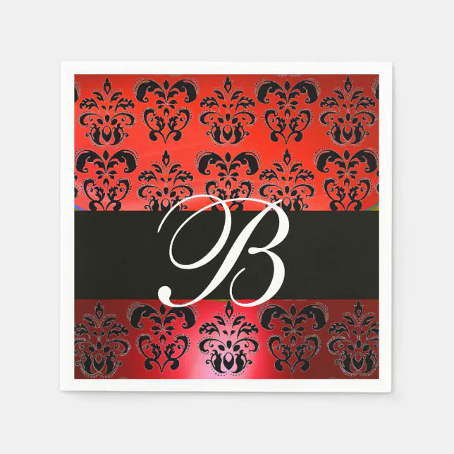 ELEGANT RED BLACK DAMASK WEDDING MONOGRAM NAPKINS | Zazzle