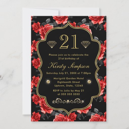 Elegant Red & Black Roses with Gold Frame Birthday Invitation | Zazzle