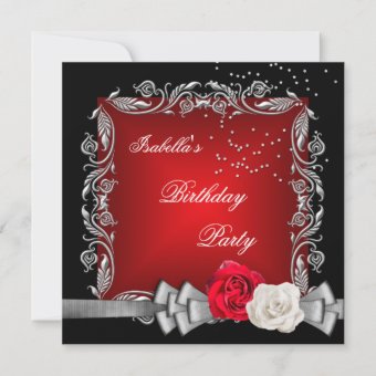 Elegant Red Black Silver Rose Birthday Party Invitation | Zazzle