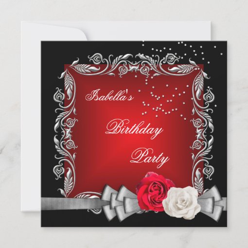 Elegant Red Black Silver Rose Birthday Party Invitation | Zazzle