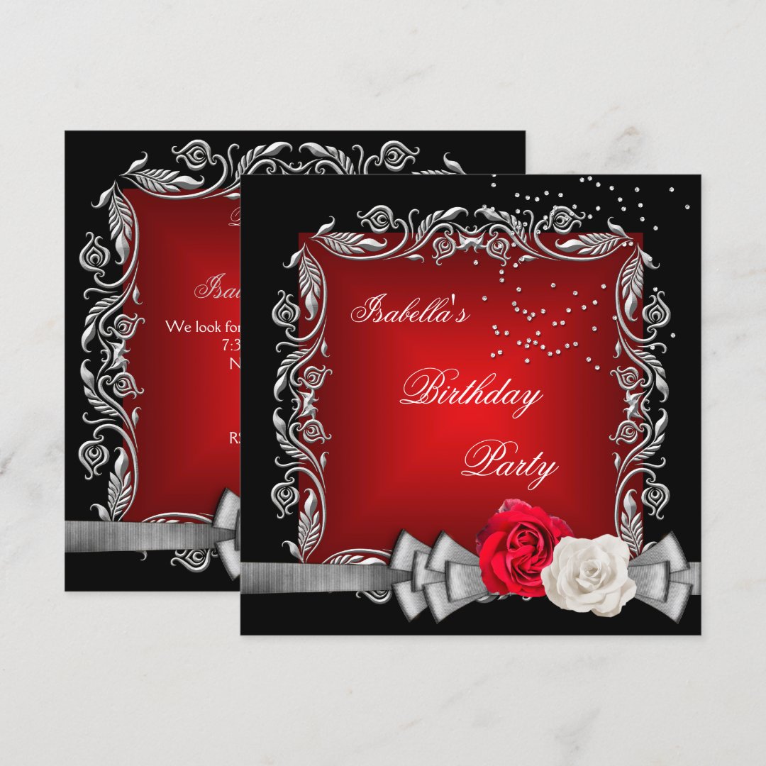 Elegant Red Black Silver Rose Birthday Party Invitation | Zazzle