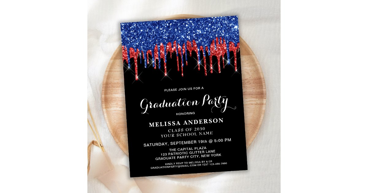 Elegant Red Blue Glitter Drip Patriotic Graduation Postcard | Zazzle
