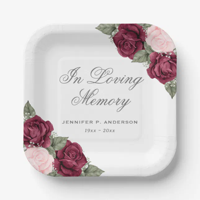 Elegant Red Blush Pink Floral Memorial Funeral Paper Plates | Zazzle