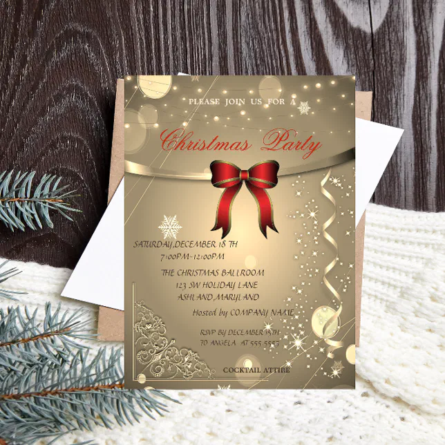 Elegant Red Bow,Confetti Company Christmas Party Invitation | Zazzle