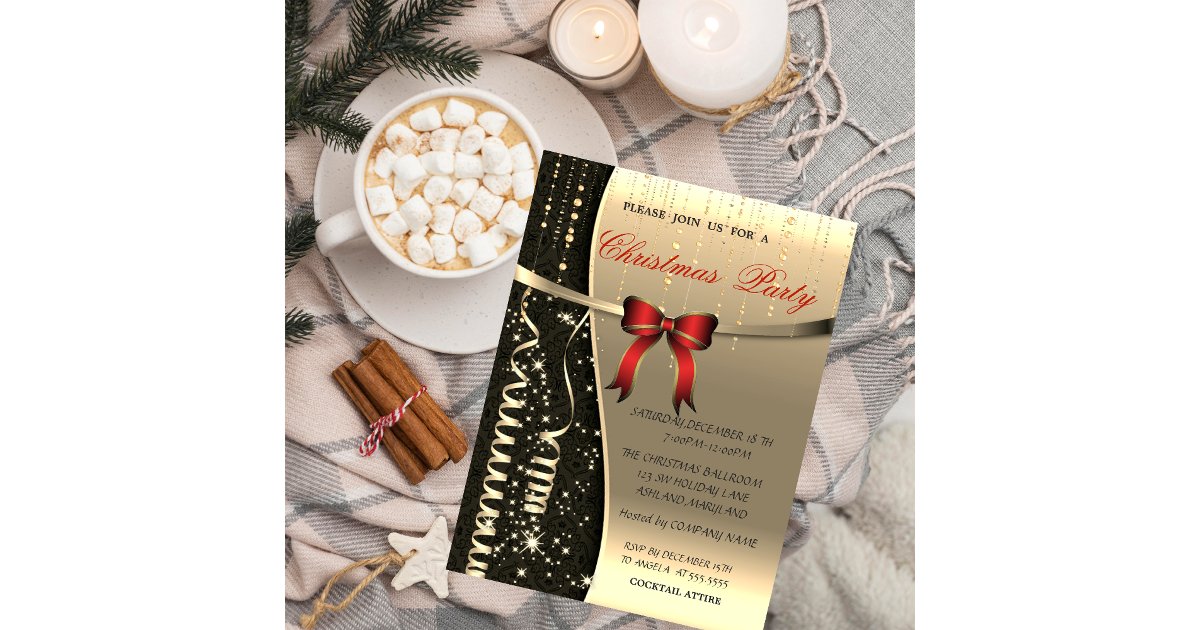 Elegant Red Bow,Confetti Company Christmas Party Invitation | Zazzle
