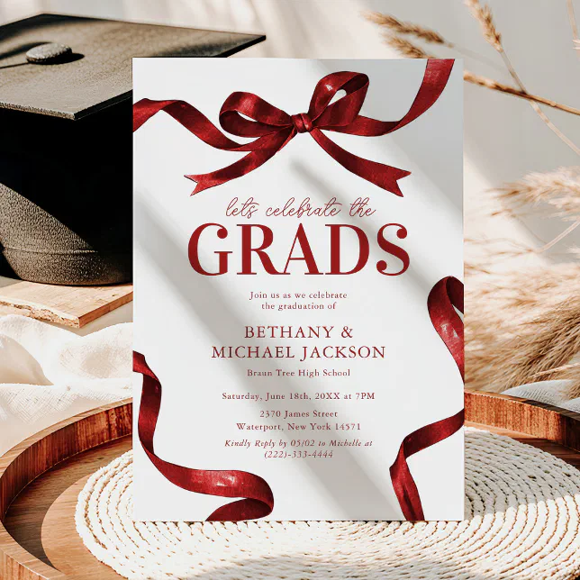 Elegant Red Bow Joint Graduation Party Invitation | Zazzle