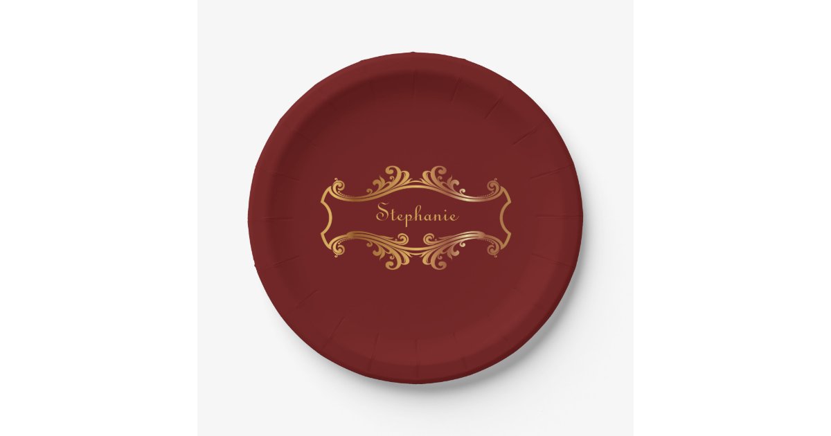 Elegant Red Burgundy Maroon Gold Personalized Chic Paper Plates | Zazzle