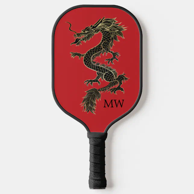 Elegant Red Chinese Gold Dragon Monogram Pickleball Paddle | Zazzle